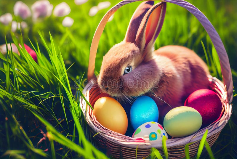 Easter Bunny Sitting Inside Basket Full of Color Easter Eggs Stock ...