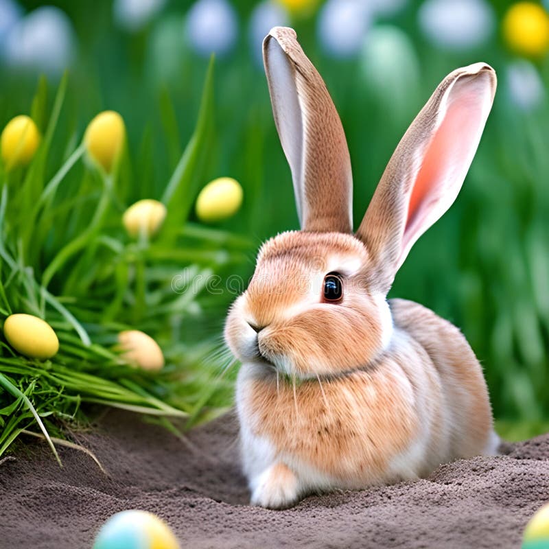 A Easter Bunny Sitting in Meadow with Eggs Stock Illustration ...