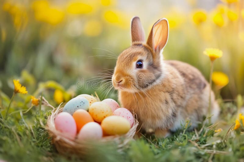 Easter Bunny Sitting in Nature in Grass with Easter Eggs in a Basket ...