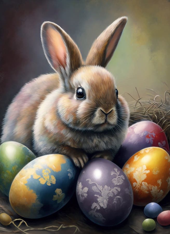 Easter Bunny Sitting with Painted Easter Eggs Stock Illustration ...