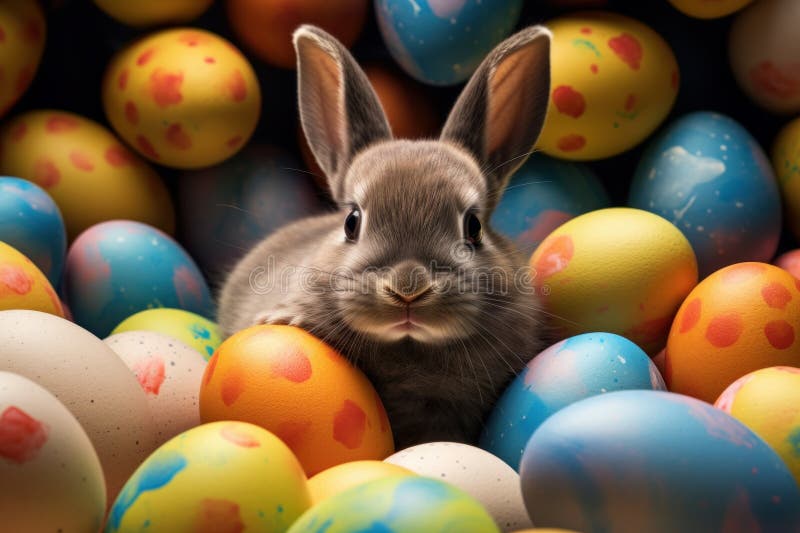 The Easter Bunny is Sitting in a Pile of Colorful Eggs. Stock ...