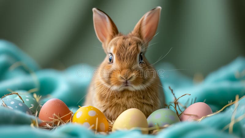 Easter Bunny Sitting Surrounded Painted Easter Eggs Indoor . Space for ...