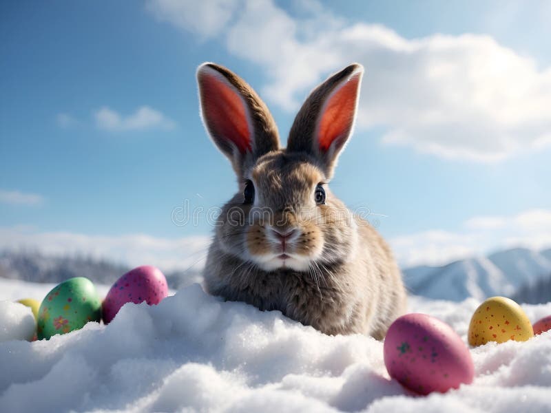 An Easter Bunny in the Snow Surrounded by Eggs and Other Objects Stock ...