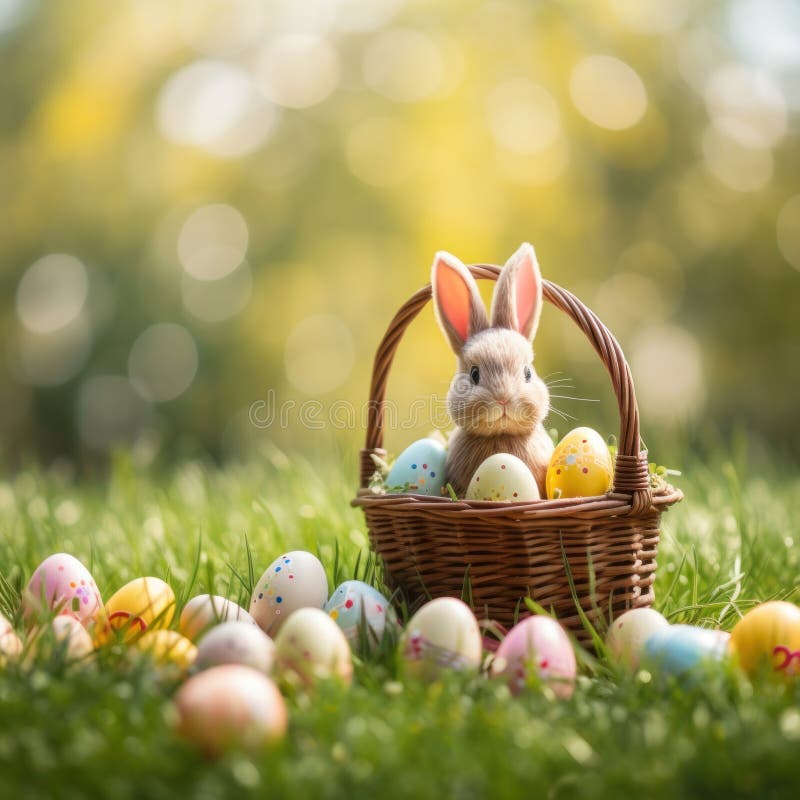 Easter Bunny Soft Toy in Green Grass with Painted Eggs, Sunny Day, Egg ...