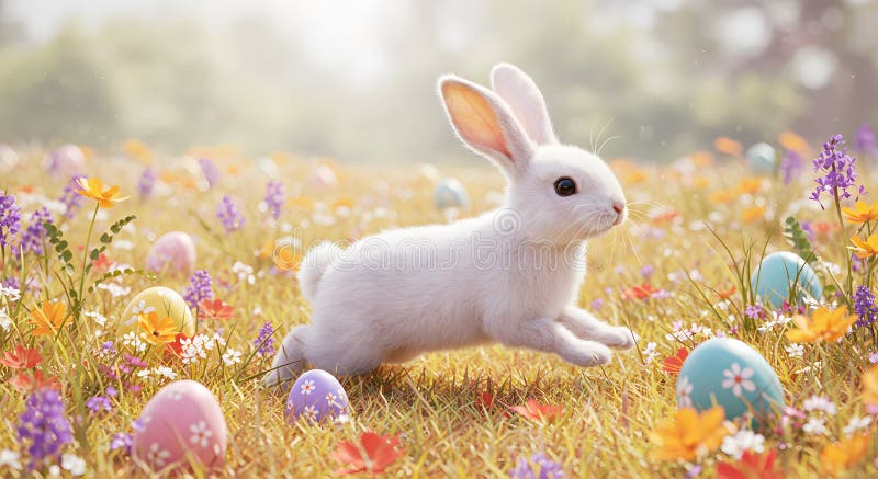 Easter Bunny in a Spring Meadow Stock Illustration - Illustration of ...