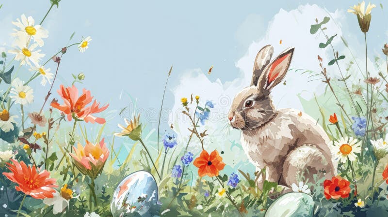 Easter Bunny in Spring Watercolor. Watercolor of a Bunny among Flowers ...