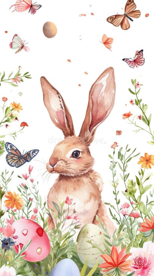 Easter Bunny in Spring Watercolor. Watercolor of a Bunny among Flowers ...