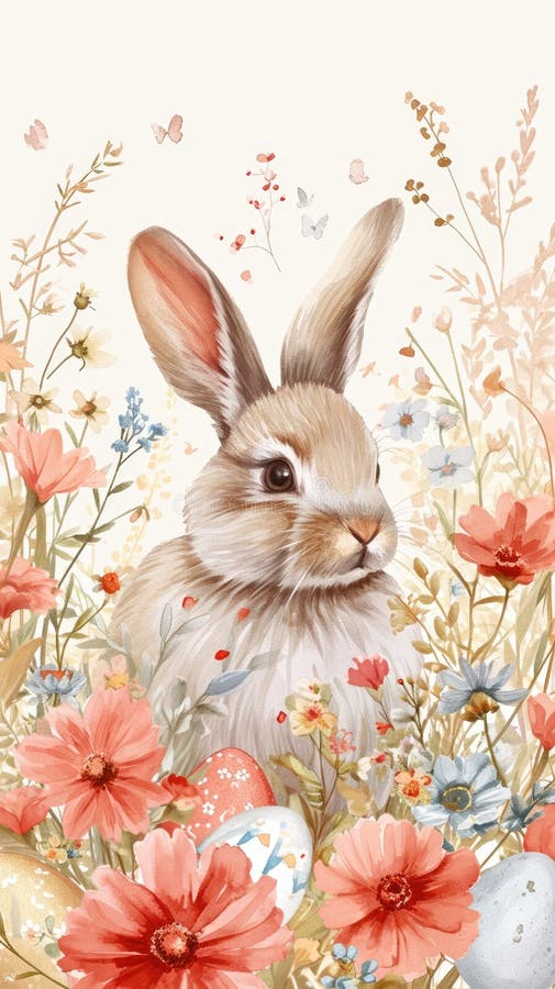 Easter Bunny in Spring Watercolor. Watercolor of a Bunny among Flowers ...