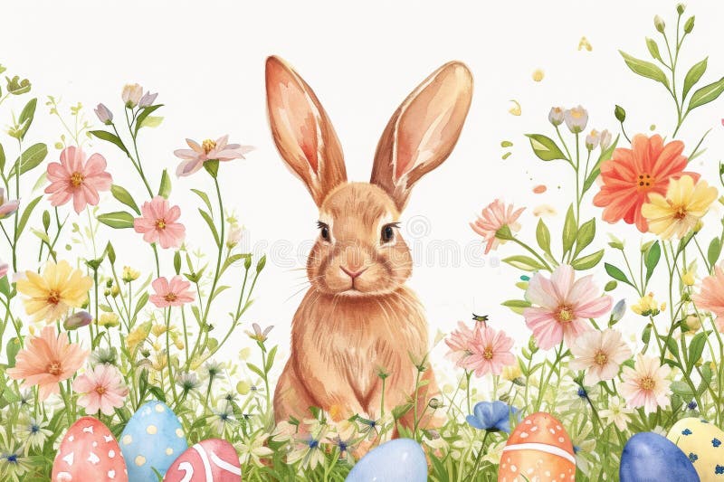 Easter Bunny in Spring Watercolor. Watercolor of a Bunny among Flowers ...