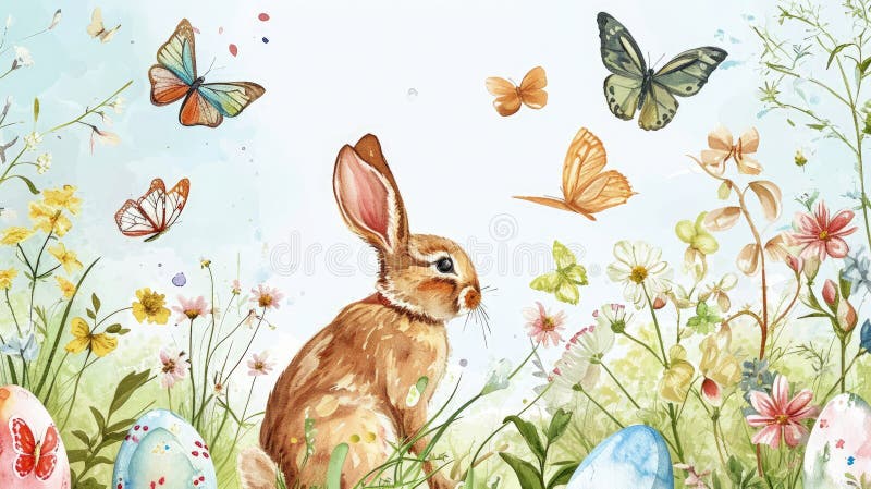Easter Bunny in Spring Watercolor. Watercolor of a Bunny among Flowers ...