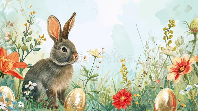 Easter Bunny in Spring Watercolor. Watercolor of a Bunny among Flowers ...