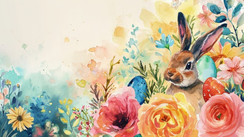 Easter Bunny in Spring Watercolor. Watercolor of a Bunny among Flowers ...