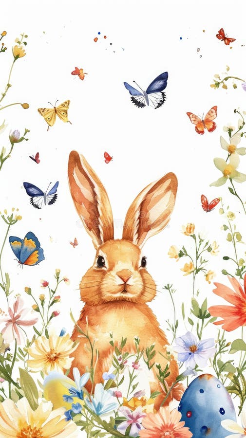 Easter Bunny in Spring Watercolor. Watercolor of a Bunny among Flowers ...