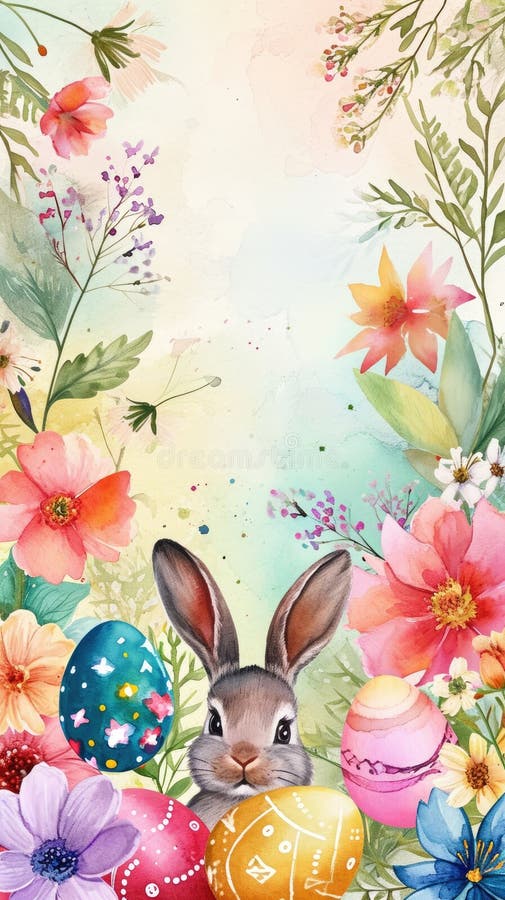 Easter Bunny in Spring Watercolor. Watercolor of a Bunny among Flowers ...