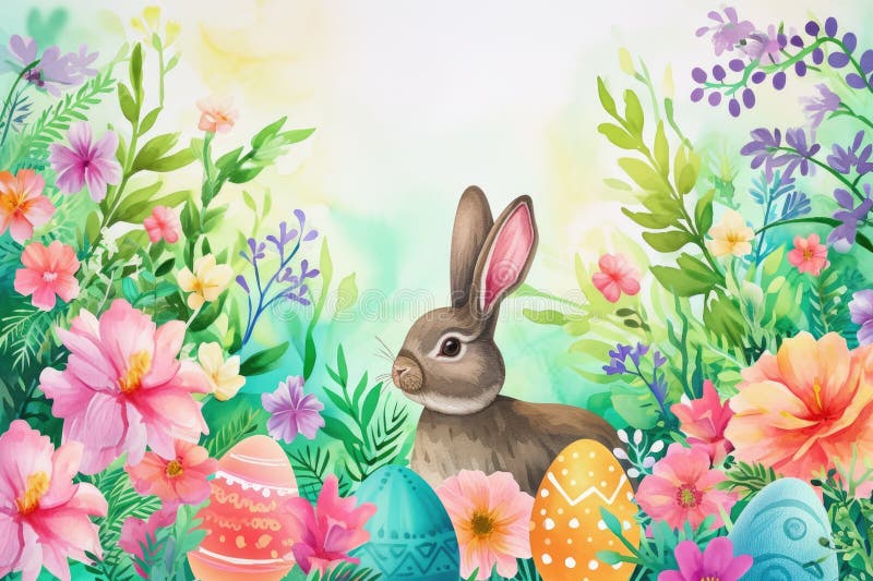 Easter Bunny in Spring Watercolor. Watercolor of a Bunny among Flowers and Easter Eggs Stock ...