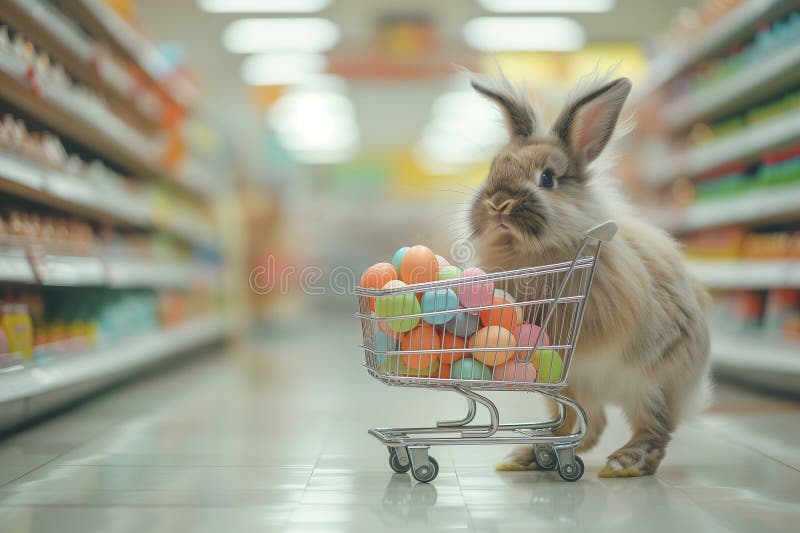 Easter Bunny Standing with Shopping Cart of Easter Eggs in Supermarket ...