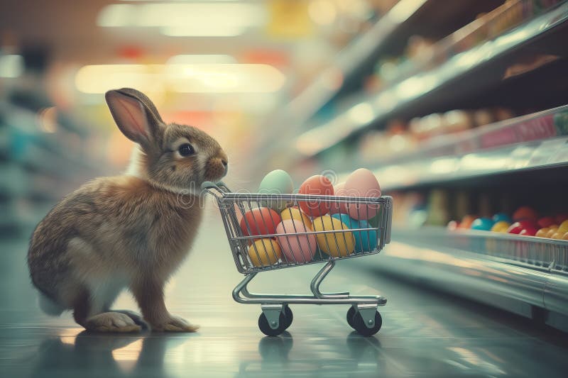 Easter Bunny Standing with Shopping Cart of Easter Eggs in Supermarket ...