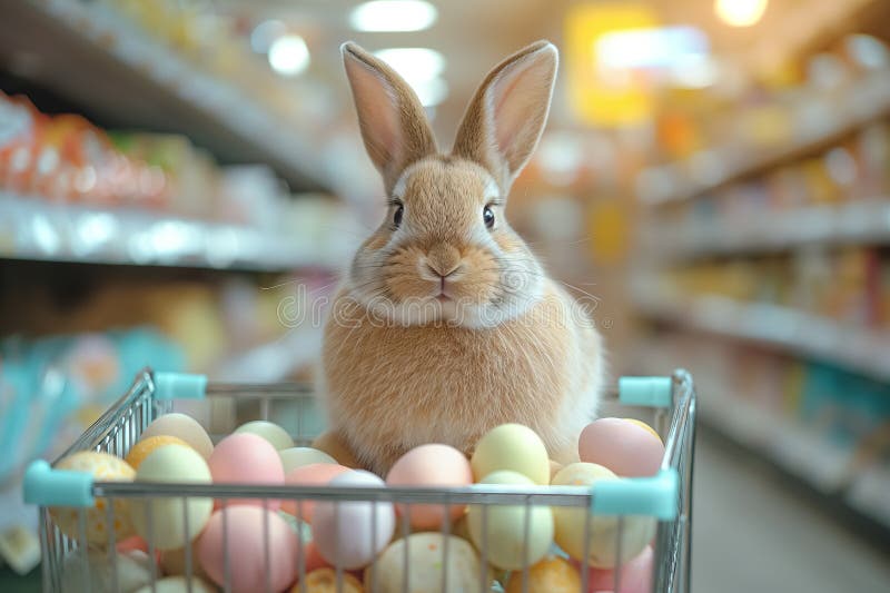 Easter Bunny Standing with Shopping Cart of Easter Eggs in Supermarket ...