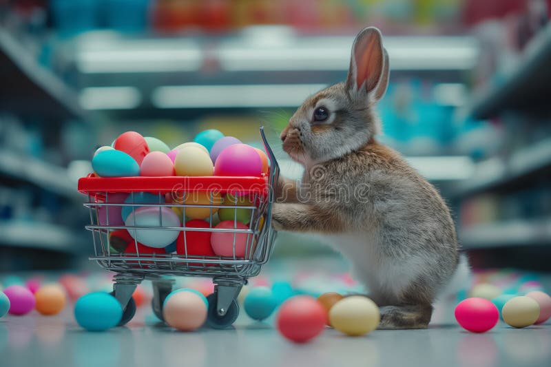 Easter Bunny Standing with Shopping Cart of Easter Eggs in Supermarket ...