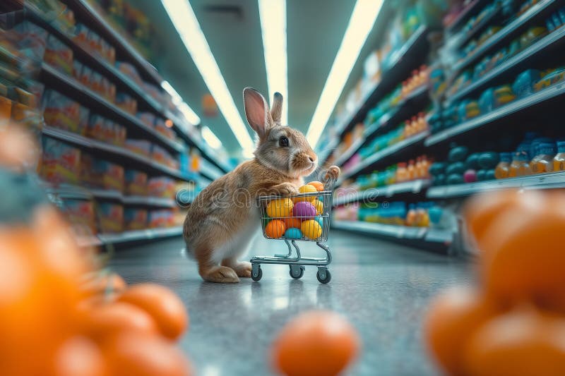 Easter Bunny Standing with Shopping Cart of Easter Eggs in Supermarket ...