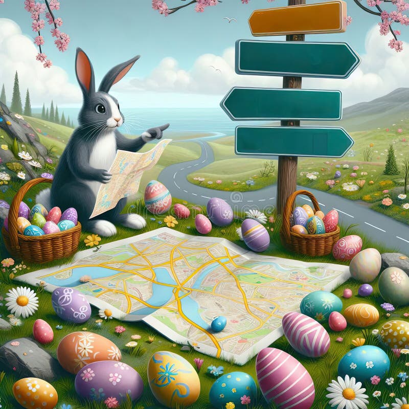 Easter Bunny Studying Map by the Road Stock Illustration - Illustration ...