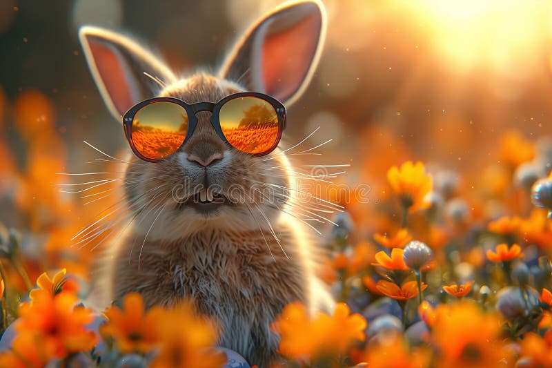 Easter Bunny in Sunglasses Sitting Surrounded Spring Flowers on the ...