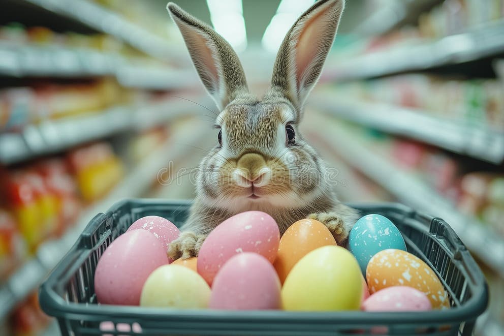 Easter Bunny in a Supermarket Trolley with Eggs Close-up. Generated by ...