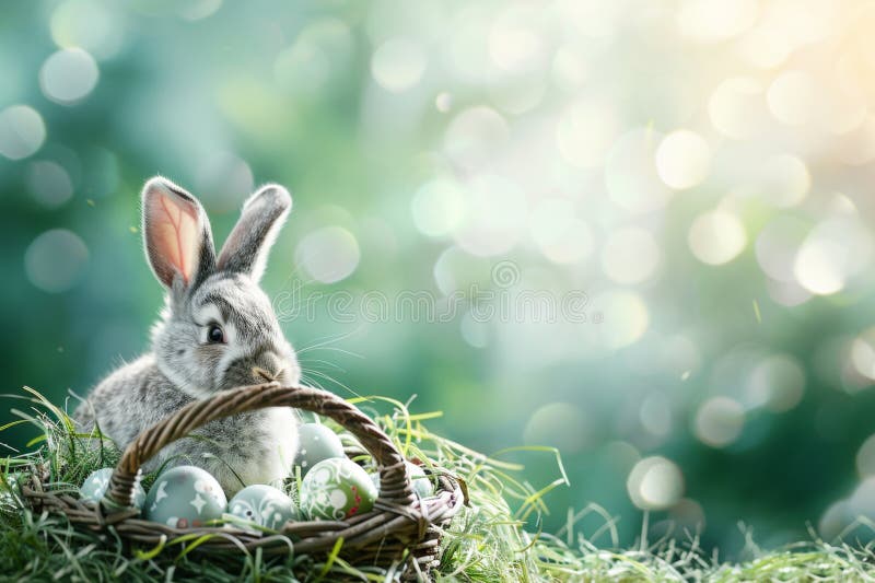 Easter Bunny Surrounded by Colorful Eggs in a Basket on a Lush Green ...