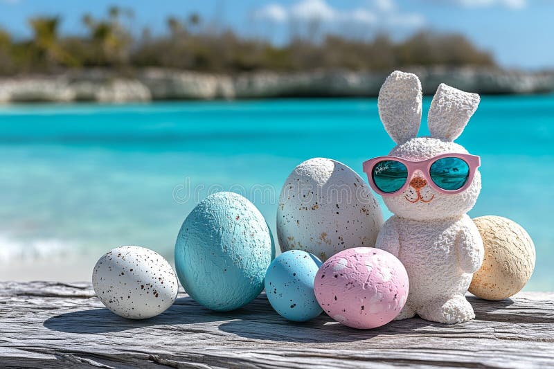 Easter Bunny Surrounded by Easter Eggs on the Beach Stock Photo - Image ...