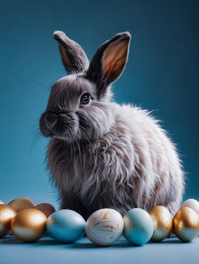 Easter Bunny on a Blue Background with Colorful Eggs Stock Illustration ...