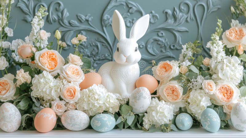 Easter Bunny Surrounded by Pastel Flowers and Eggs Stock Illustration ...