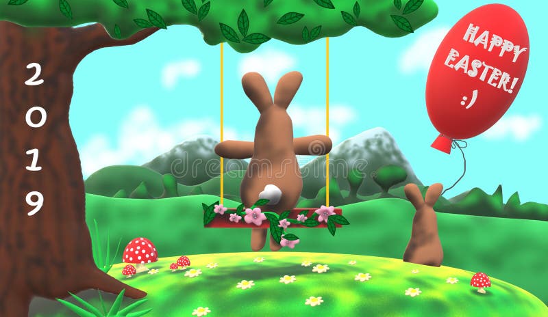 Easter Bunny on the Swing in the Spring Nature Stock Illustration ...