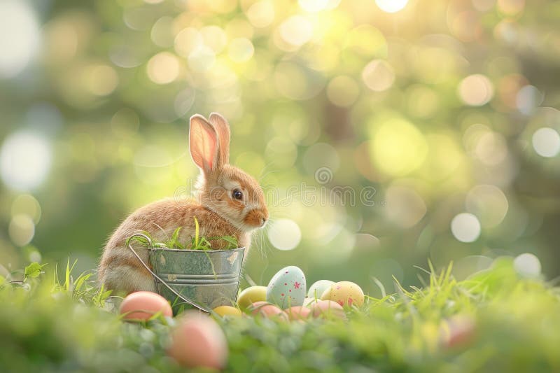 Easter Bunny in Grass by a Bucket and Eggs Stock Photo - Image of ...
