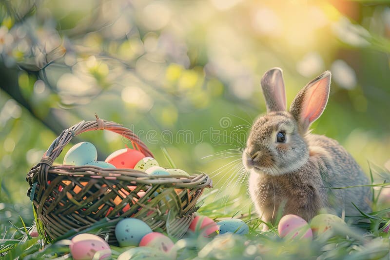 Easter Bunny in Grass by a Bucket and Eggs Stock Photo - Image of base ...