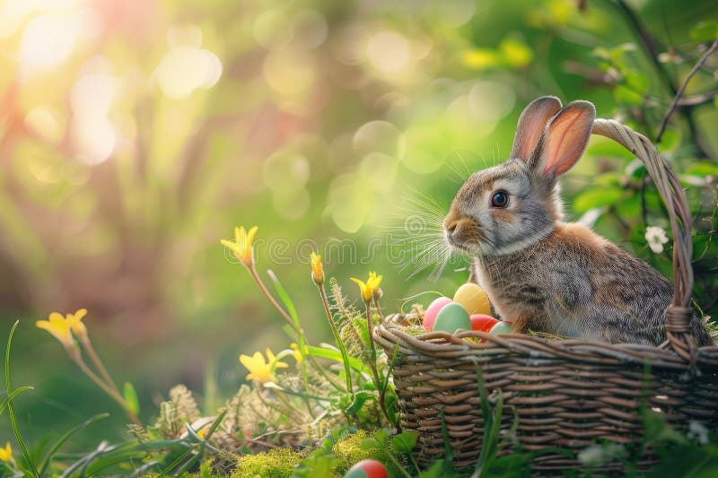 Easter Bunny in Grass by a Bucket and Eggs Stock Photo - Image of ...