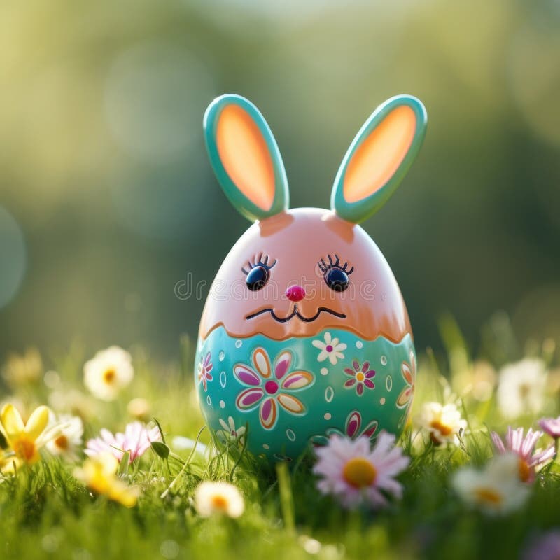 Easter Bunny Toy in Green Grass Painted Eggs, Sunny Day, Egg Hunt ...