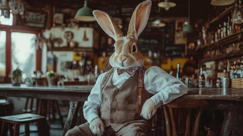 Easter Bunny in Traditional German Attire Enjoys a Beer in a Charming ...