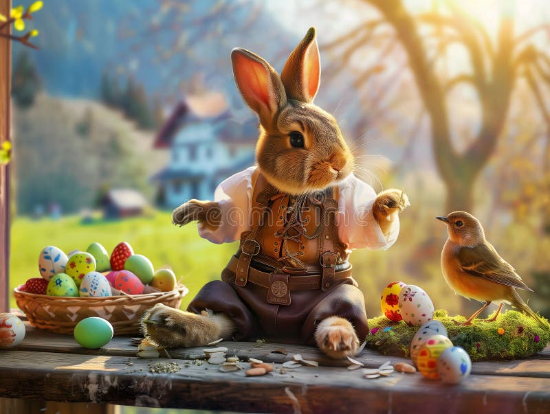 Easter Bunny in Traditional German Clothing Talks To a Bird and ...