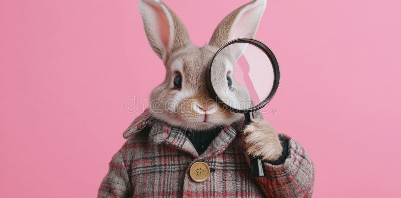 Easter Bunny Using a Magnifying Glass on a Pink Backdrop with Copy ...