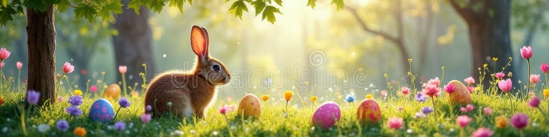Easter Bunny in Vibrant Spring Garden with Decorated Eggs Stock Image ...