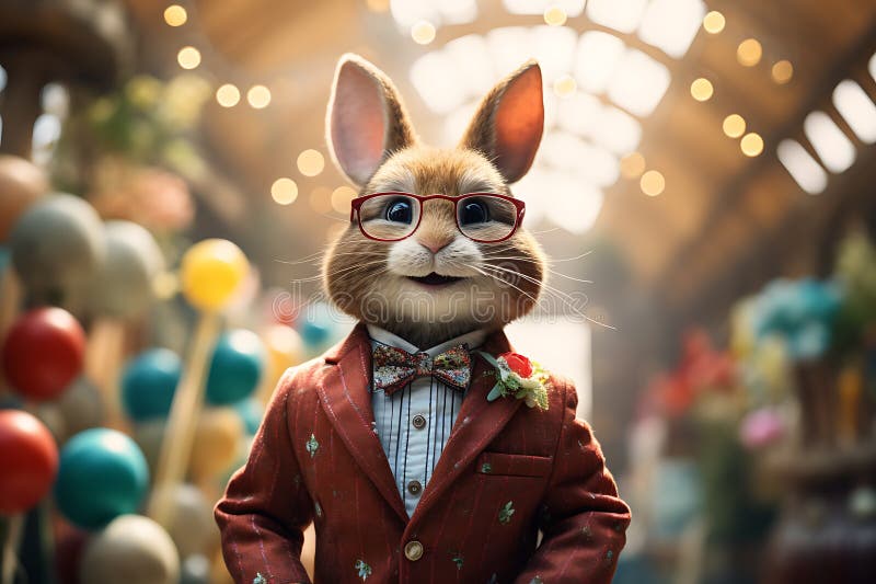 Easter Bunny Wearing a Bow Tie and Glasses Sitting at the Table with ...
