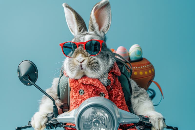 An Easter Bunny Wearing Sunglasses and a Jacket, Riding a Motorcycle ...