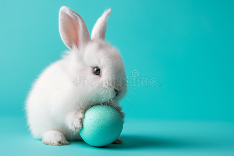 Easter Bunny White Rabbit with Egg on Blue Background. Easter Holiday ...