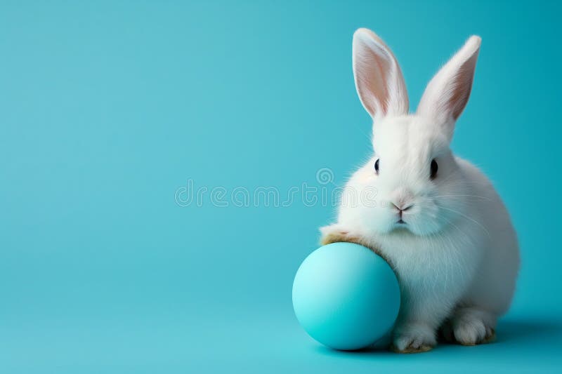 Easter Bunny White Rabbit with Egg on Blue Background. Easter Holiday ...