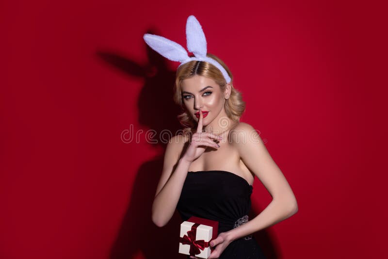 Easter Bunny Woman Beautiful Girl With Bunny Ears And Easter Eggs On
