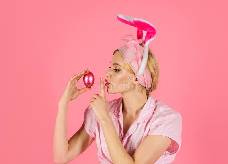 Easter Bunny Woman with Rabbit Ears. Easters Egg Stock Photo - Image of ...