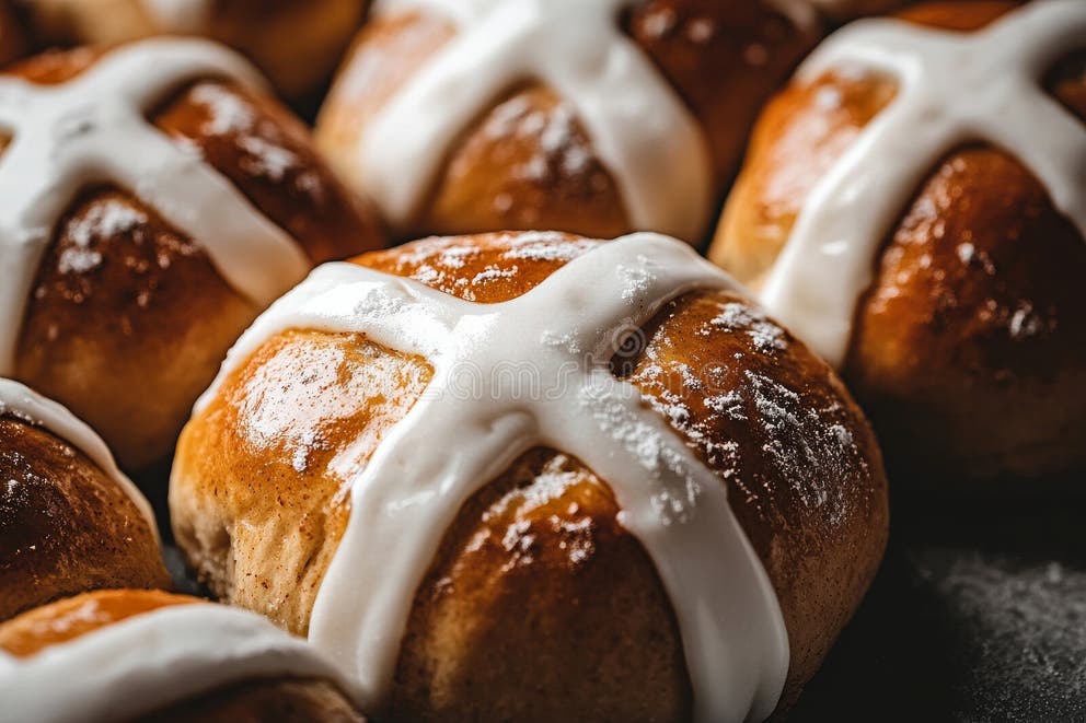 Easter Buns Featuring an Icing Cross on Paper are Displayed, with Some ...