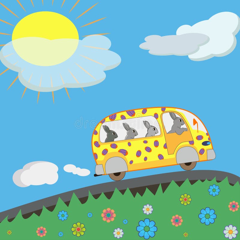 Easter Bus with Hares Rides Along the Road Stock Vector - Illustration ...