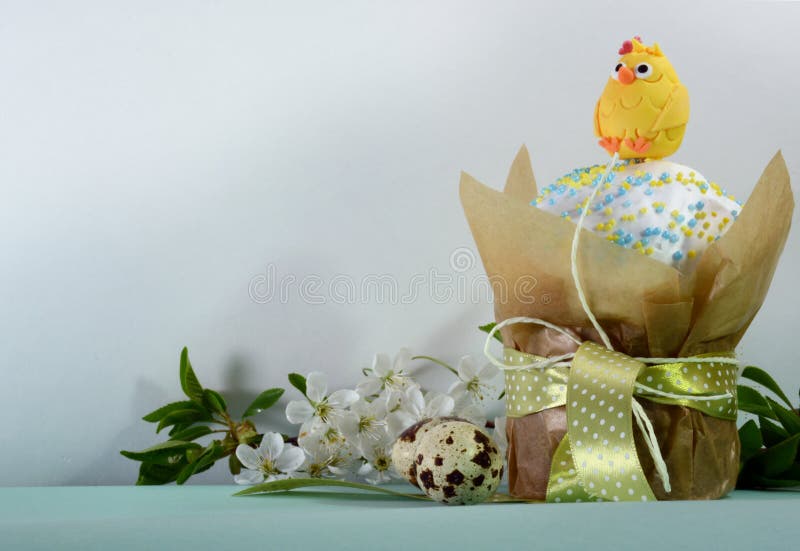 Easter Cake Background. Chicken, Spring Flowers and Eggs Stock Image ...