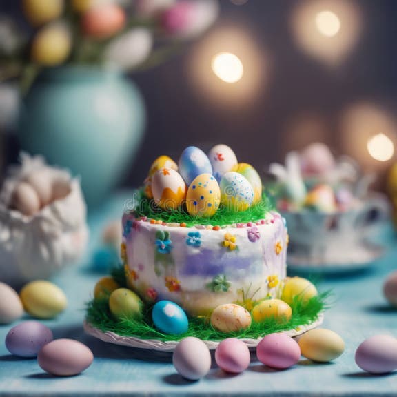 Easter Cake with Colored Eggs.created with the Help of Artificial Intelligence. Stock ...